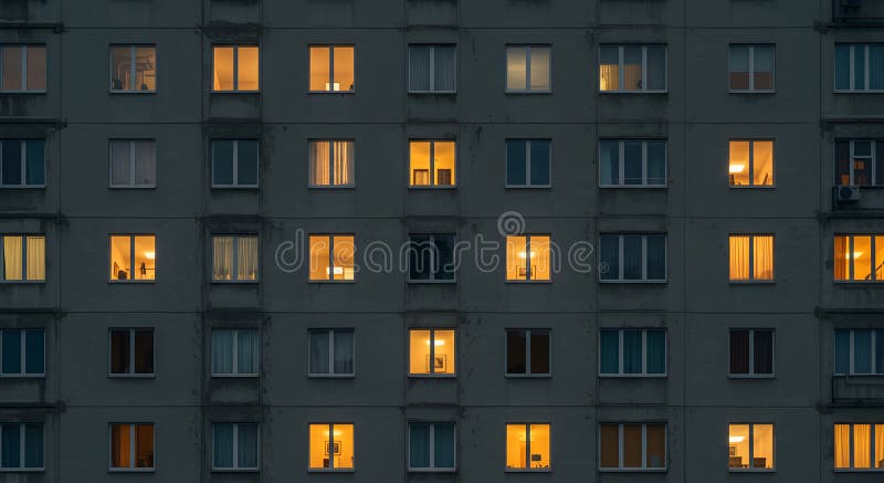 Illuminated Multi-story Building with Warm Yellow-lit Grid-like Windows ...