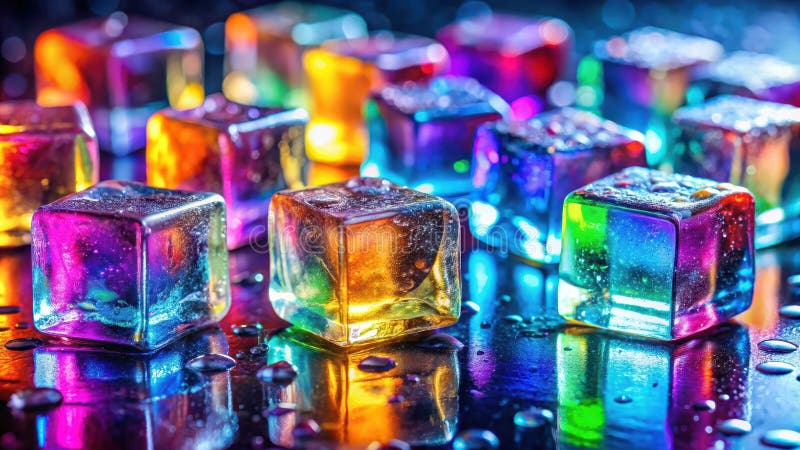 Illuminated, Multifaceted Ice Cubes Reflecting Vibrant Colors on a Dark ...