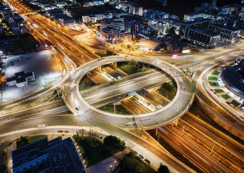 Illuminated Multilevel Highway Junction Interchange Night Time Stock ...