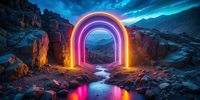 Illuminated Neon Arch Piercing through Rocky Terrain a DronesEye View ...