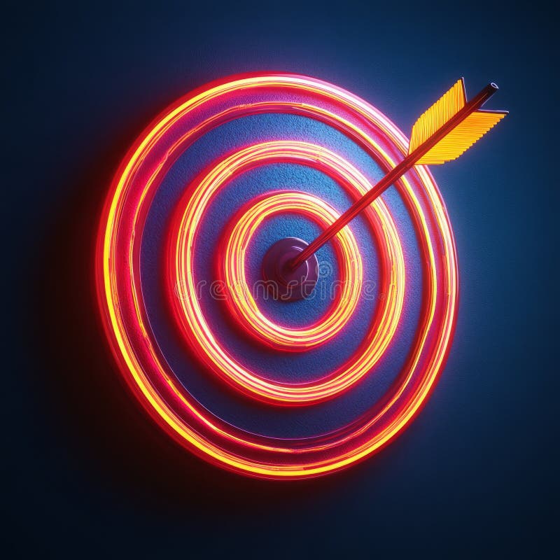 Illuminated Neon Bullseye with Arrow Hitting the Center. Stock Image ...