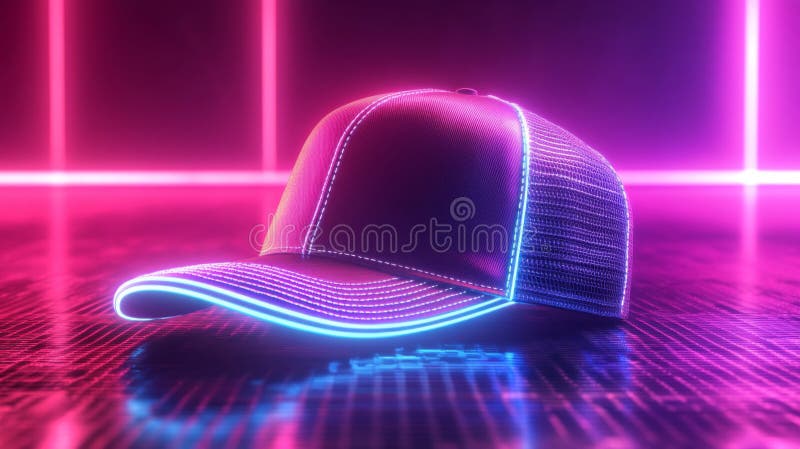 Illuminated Neon Cap with Pixelated Design in Blue and Pink Lighting on ...
