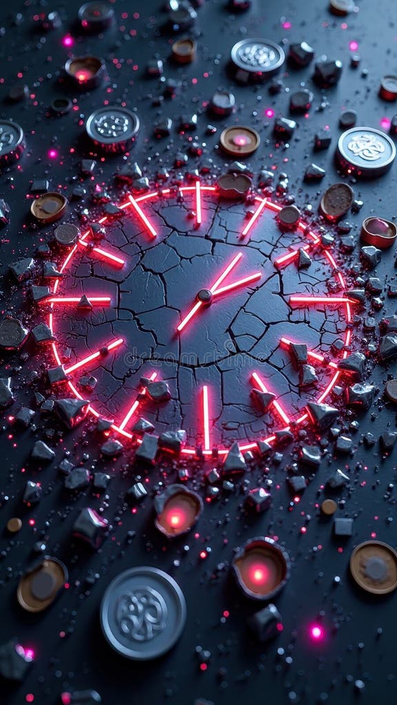 Illuminated Neon Clock Dial with Cracked Surface and Scattered Metallic ...