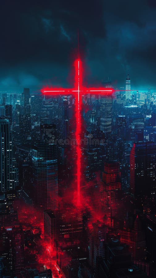 Illuminated Neon Cross Above Cityscape at Night Stock Image - Image of ...