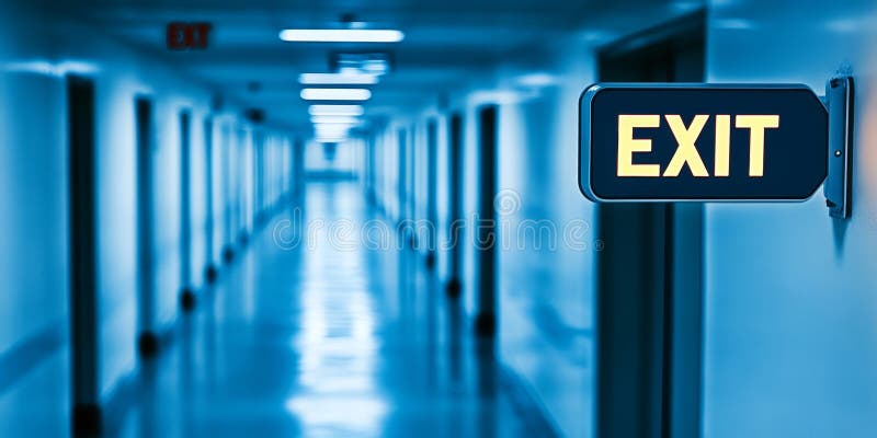 Illuminated Neon Exit Sign Guides the Way Out of Empty, Deep-Blue ...