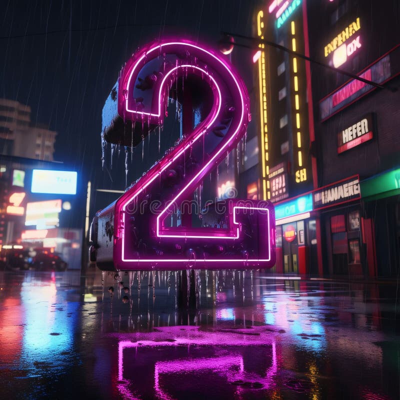 Illuminated Neon Number 2 in the Rain. 3D Rendering Stock Illustration ...