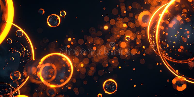 Illuminated Neon Orange Light Ring Highlights Bubbles on a Dark Round ...