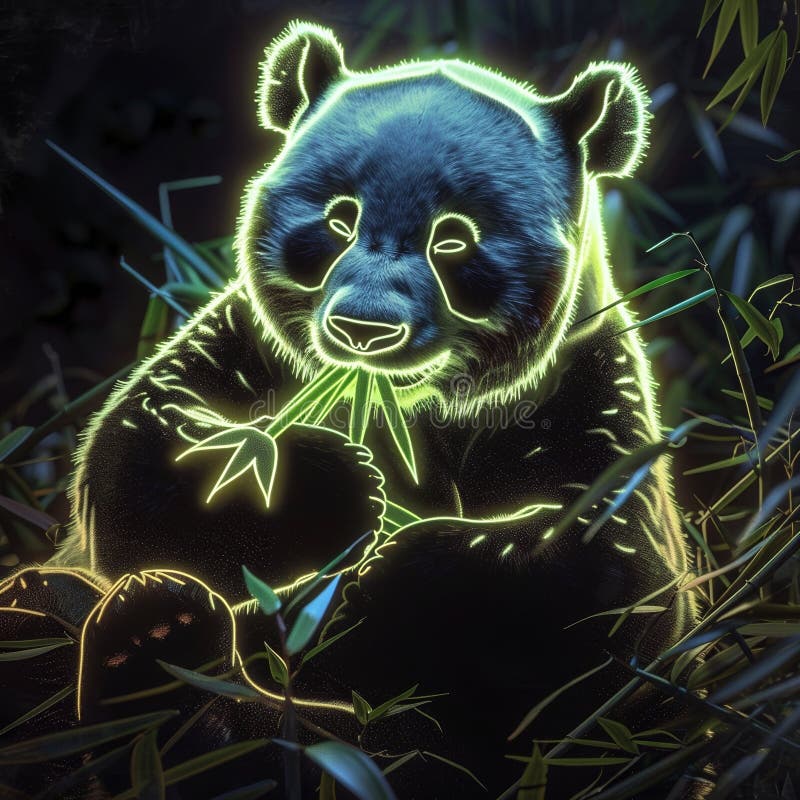 Illuminated Neon Panda Munching on Bamboo Shoots Stock Illustration ...