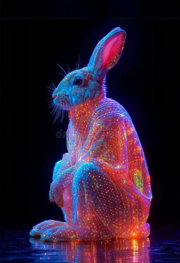 Illuminated Neon Rabbit in the Dark Backdrop Stock Image - Image of ...