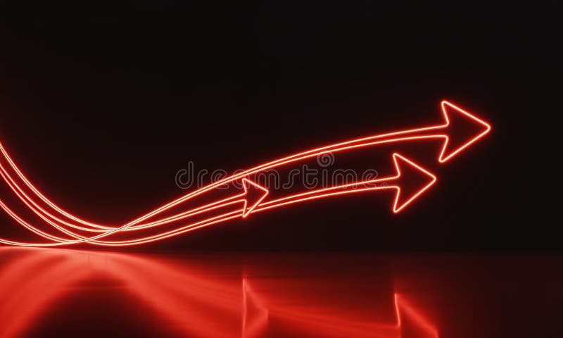 Illuminated Neon Red Arrows Curving Upwards on Reflective Surface with ...