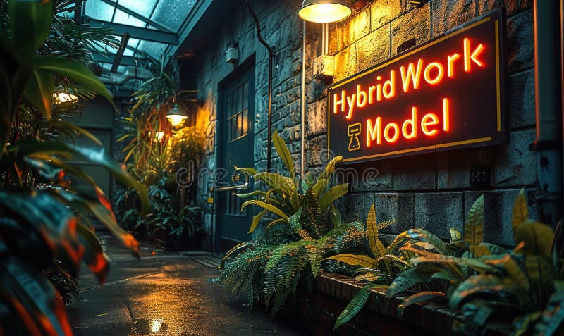 Illuminated Neon Sign Hybrid Work Model in a Lush Indoor Office Setting ...