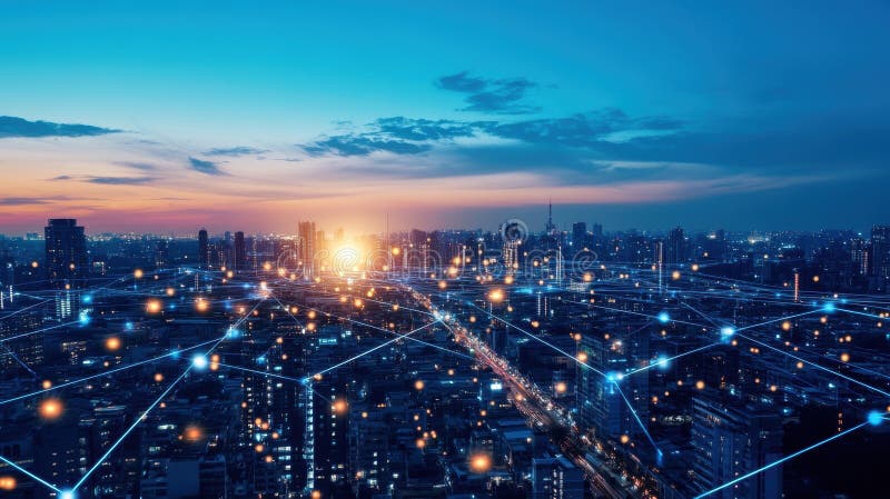 Smart City Connecting Buildings Sunset Futuristic Network Stock Photos ...
