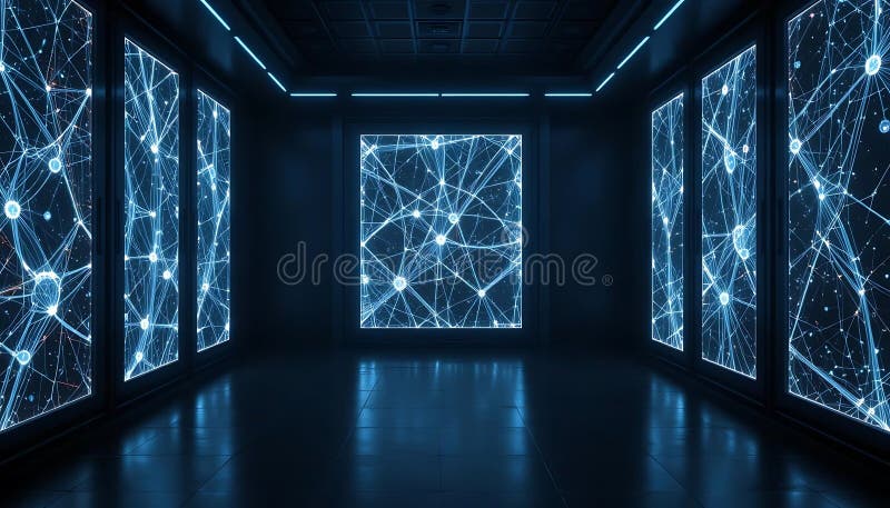 Illuminated Network Displays in a Dark Modern Room Stock Illustration ...