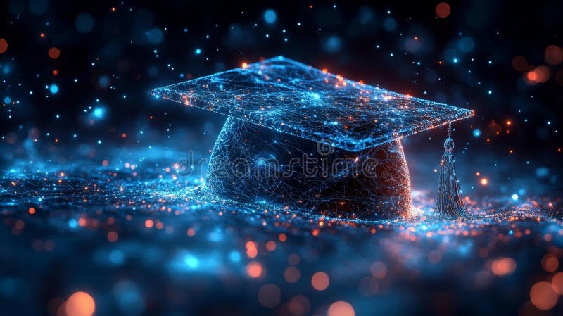 Illuminated Network Graduation Cap on Blue Stock Illustration ...