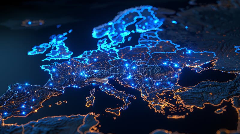 Illuminated Network Map of Europe at Night Highlighting Major Cities ...