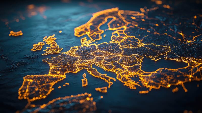 Illuminated Network Map of Europe Showcasing Major Cities and ...
