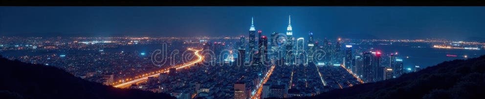 Illuminated Night Cityscape, Global Network Visible, Wires, Connection ...