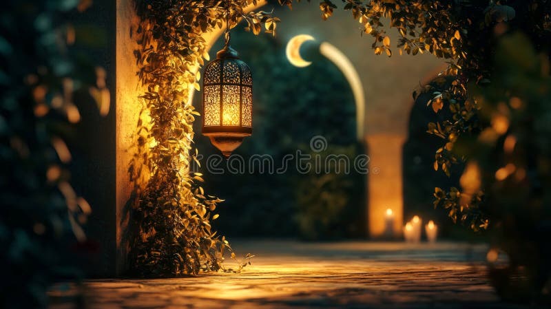 Illuminated Night Garden Path with Crescent Moon Stock Illustration ...