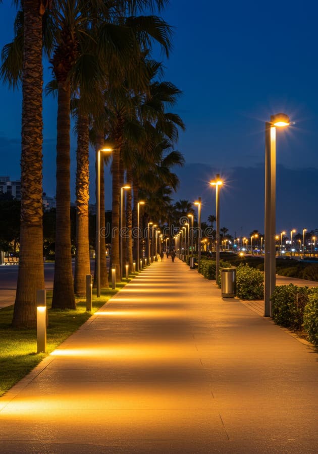 Illuminated Night Path with Palm Trees Stock Illustration ...