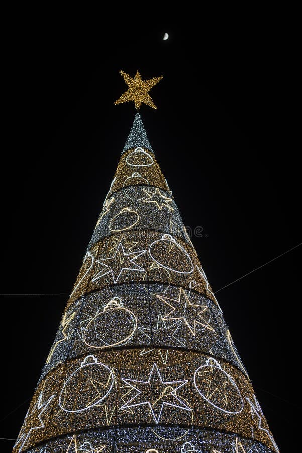 Illuminated Night Scene of Christmas Tree Lights Stock Photo - Image of ...