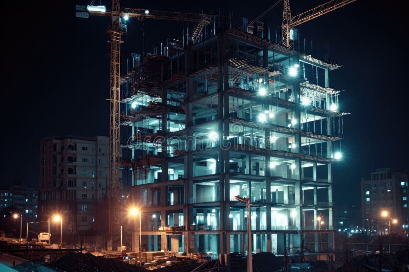 Illuminated Night View of a Towering Building with Abundant Windows, a ...