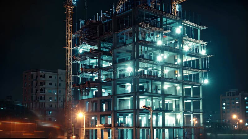 Illuminated Night View of a Towering Building with Abundant Windows, a ...