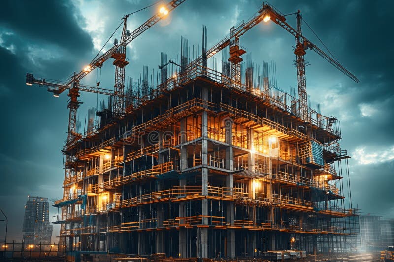 Illuminated Nighttime Construction of High-Rise Building with Cranes ...