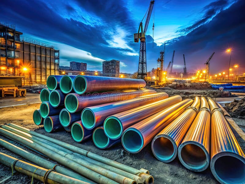Illuminated Nighttime Construction Site Stacked Plastic Utility Pipes ...