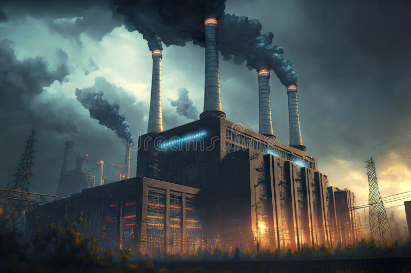 Illuminated Nuclear Power Plant with Smoking Pipes and Nuclear Reactor ...