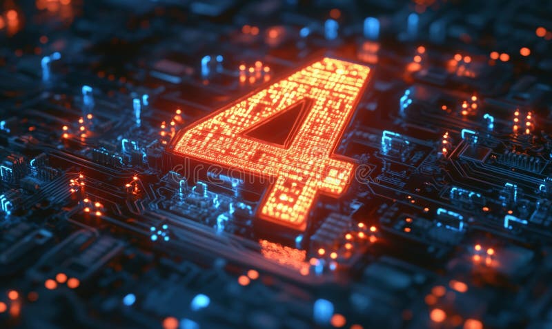 Illuminated Number Four on Circuit Board Background with Glowing Blue ...