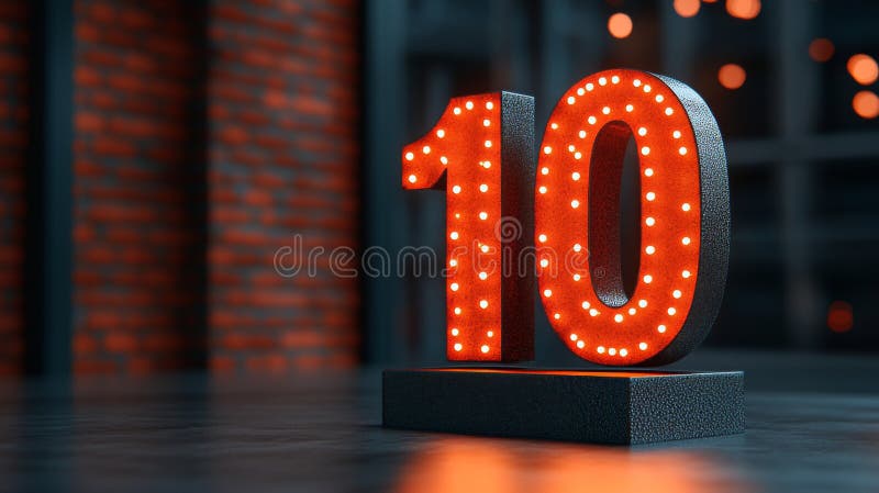 Illuminated Number 10 Sign with Red Lights on a Dark Background for ...