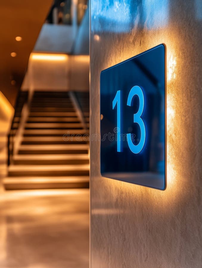 Illuminated Number 13 Sign on a Wall Near Modern Stairs. Stock Photo ...
