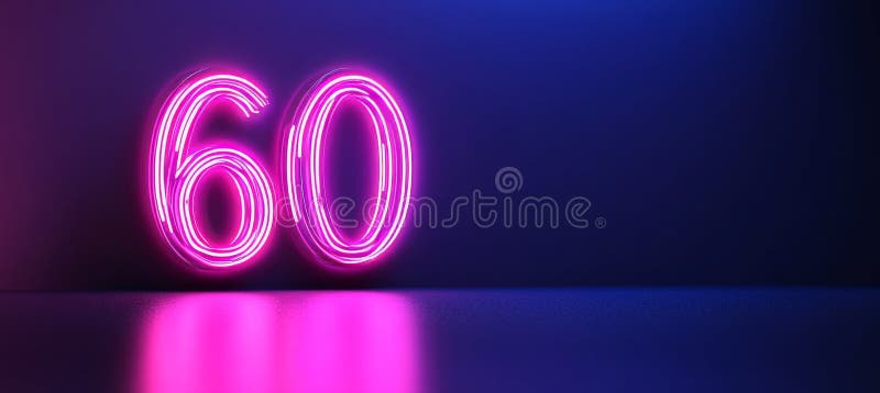 Illuminated Number 60 Vibrant Pink Neon Glow with Reflection on Dark ...