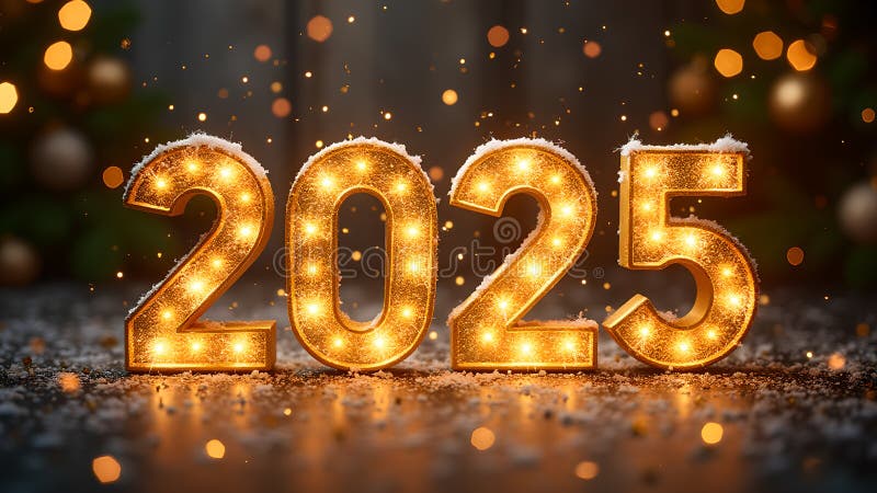 2025 Illuminated Numbers with Festive Lights and Snow. Concept of New ...