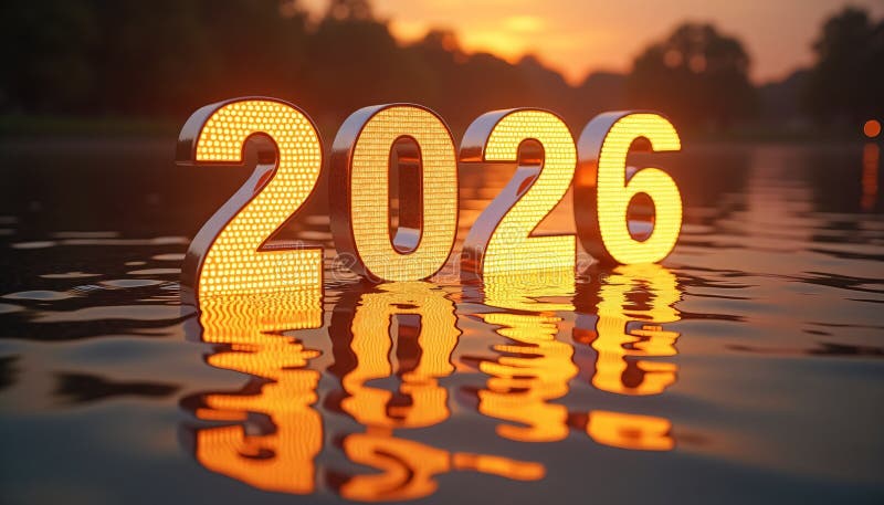 Illuminated 2026 Numbers Floating on a Reflective Water Surface at ...