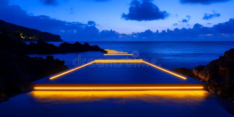 Illuminated Oceanside Pathway at Dusk Tranquil Coastal Scene with Warm ...