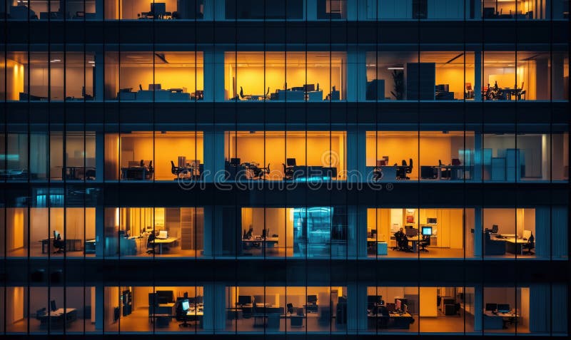 Illuminated Office Building at Night, Showcasing Multiple Floors with ...