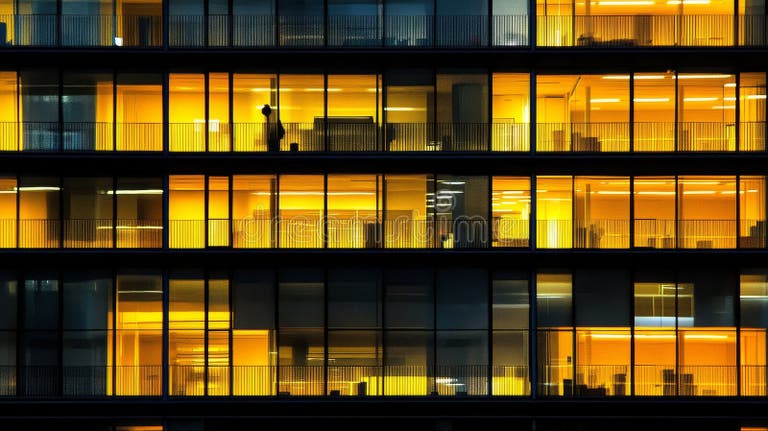 An Illuminated Office Window at Night, with a Silhouette of a Man ...