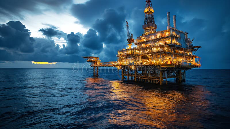 Illuminated Offshore Oil Platform Working through the Night Stock ...