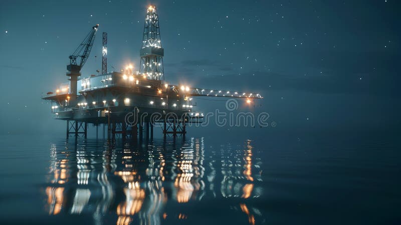 Illuminated Offshore Oil Rig Casting Reflections on Tranquil Nighttime ...