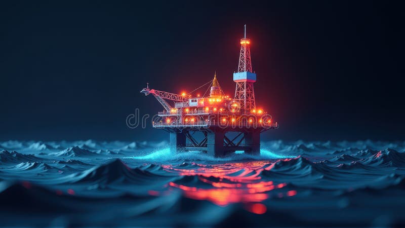 Illuminated Offshore Oil Rig at Night - 3D Render Stock Illustration ...