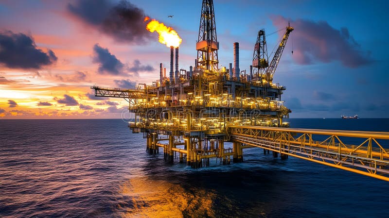 Illuminated Offshore Oil Rig at Sunset with Dramatic Sky Stock Image ...