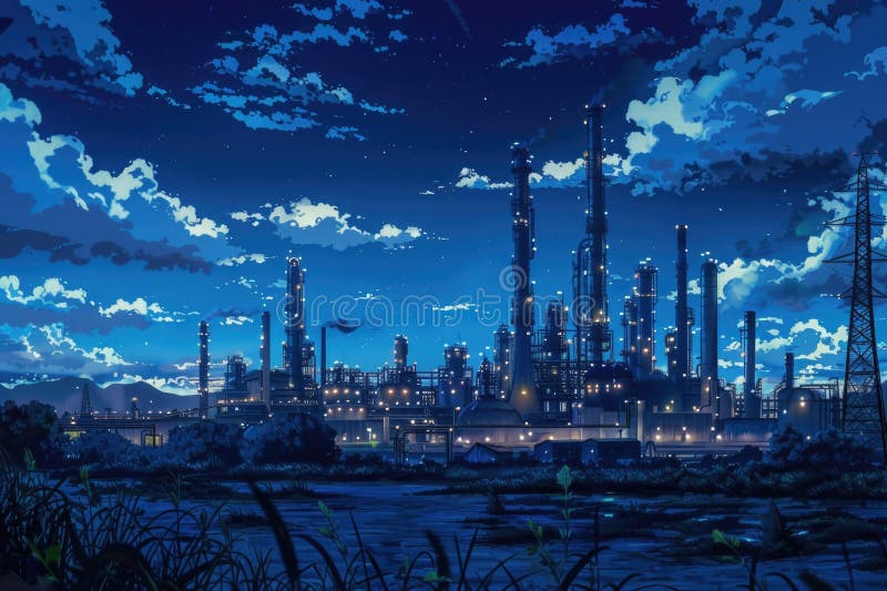 Illuminated Oil Refinery at Night. Suitable for Industrial Concepts ...