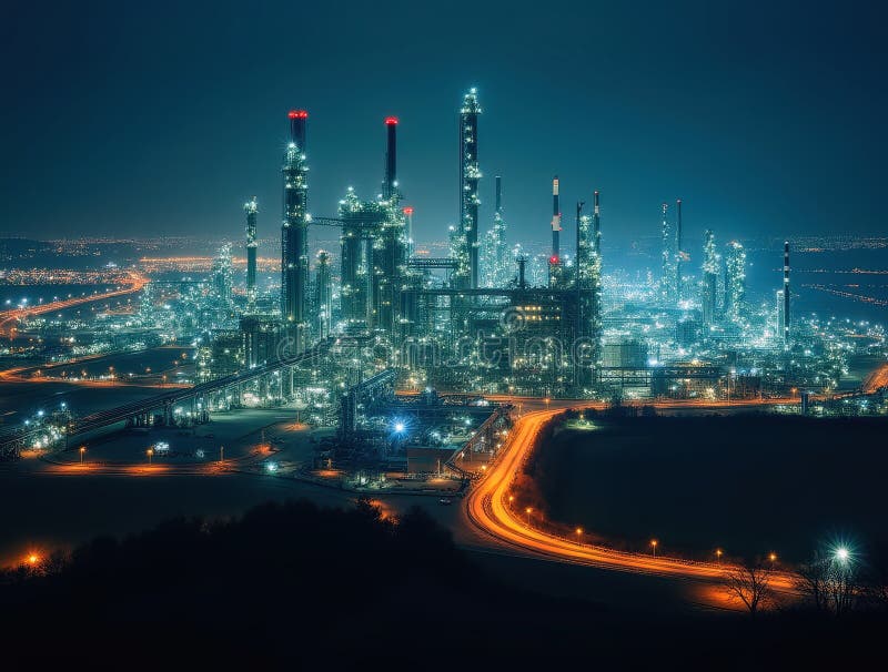 Illuminated Oil Refinery at Night with Vibrant Lights Stock ...