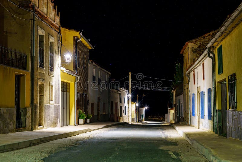 Illuminated Old Spanish Town Street at Night. Stock Image - Image of ...