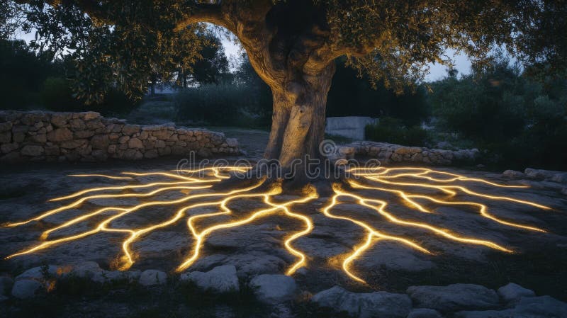 Illuminated Olive Tree Roots at Night with Stone Wall Stock ...