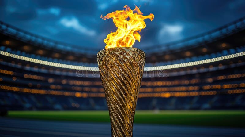 Illuminated Olympic Torch in Stadium at Twilight with Vibrant Flames ...