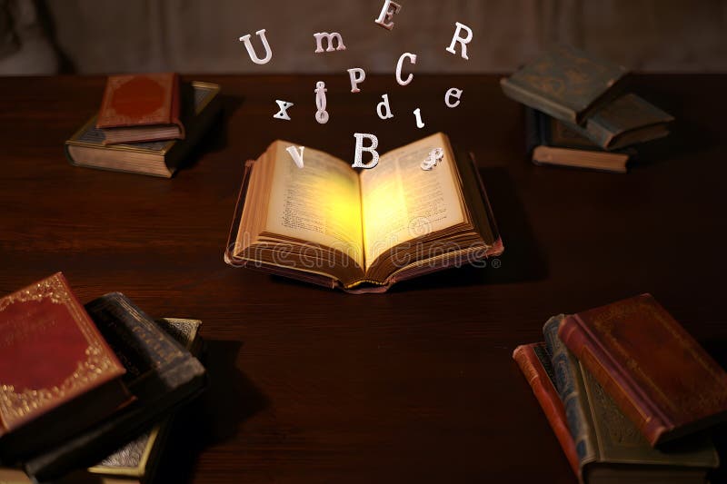 Illuminated Open Book with Floating Letters in a Cozy Library Setting ...