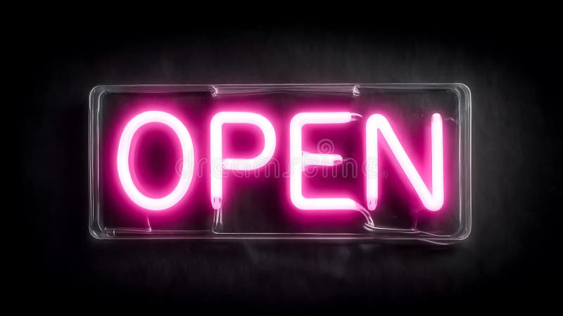 Illuminated "OPEN" Sign Featuring Bright Pink Neon Letters Mounted on a ...