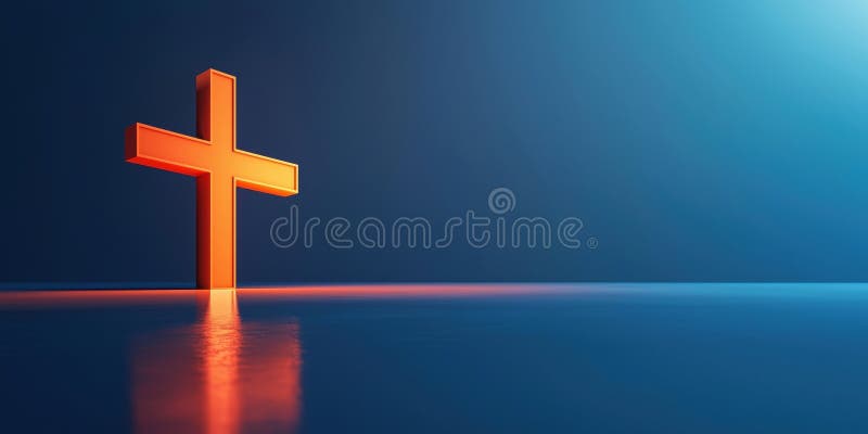 Illuminated Orange Cross on Reflective Surface with Blue Gradient ...